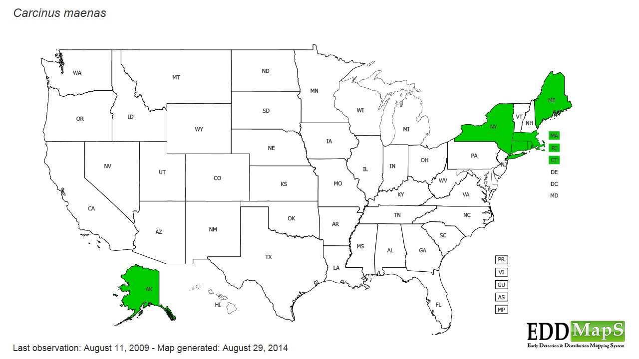 European green crab (Carcinus maenas) - EDDMapS State Distribution